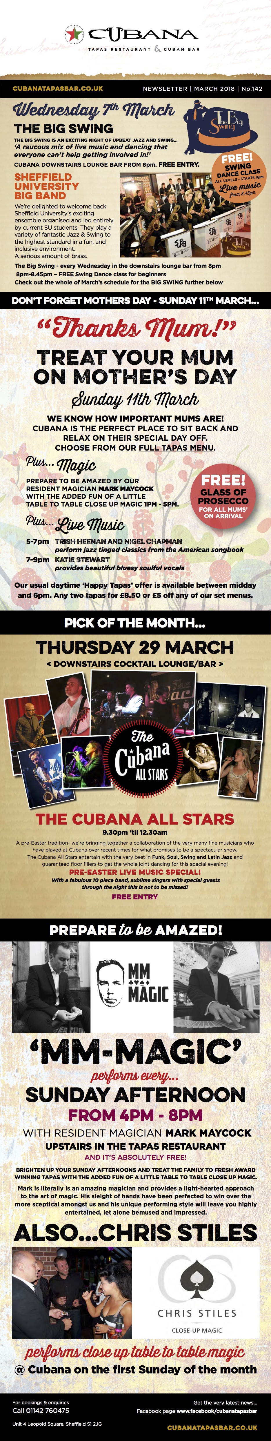 Cubana Tapas Bar and Restaurant in Sheffield - Monthly newsletter