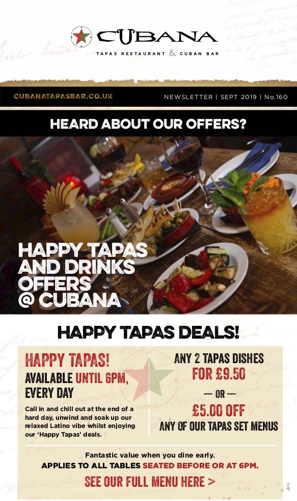 Cubana Tapas Bar and Restaurant in Sheffield - Monthly newsletter